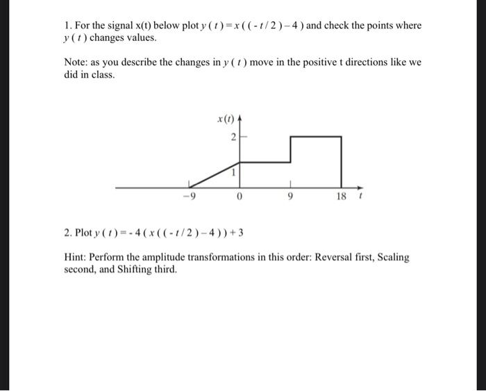 Solved 1. For the signal x(t) below plot y(t)=x((−t/2)−4) | Chegg.com