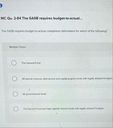 Solved MC Qu. 2-84 ﻿The GASB requires budget-to-actual...The | Chegg.com