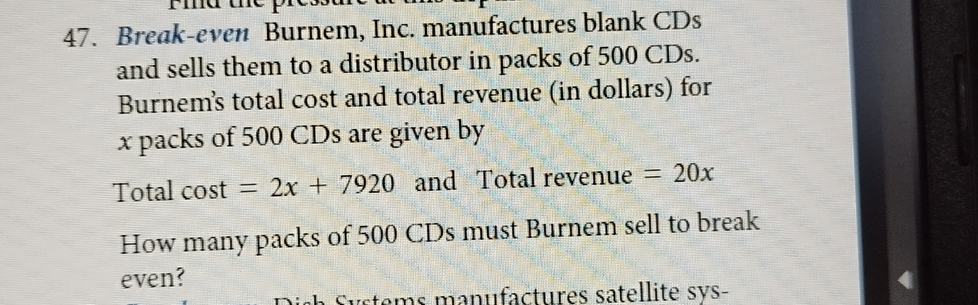 Solved Break-even Burnem, Inc. manufactures blank CDs and | Chegg.com