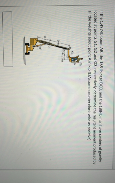 Solved If the 1,497-lb ﻿boom AB , ﻿the 165-lb ﻿cage BCD , | Chegg.com
