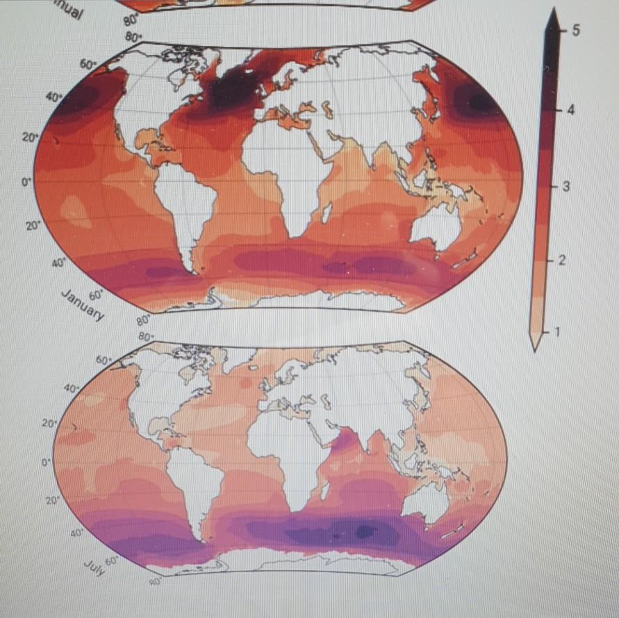 Solved 6) The figure below shows the global wave heights. | Chegg.com