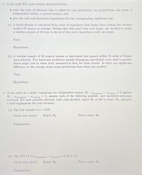Solved 4. ( 6 pts each) For each scenario described below; - | Chegg.com