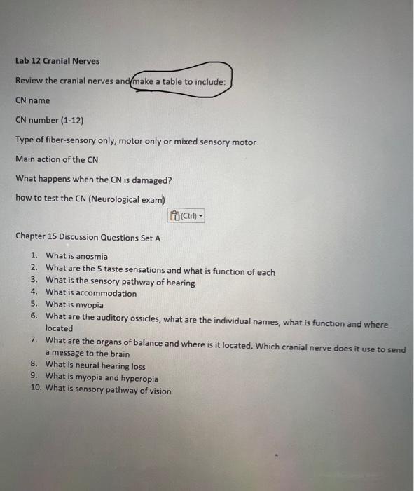 Solved Lab 12 Cranial Nerves Review the cranial nerves and | Chegg.com