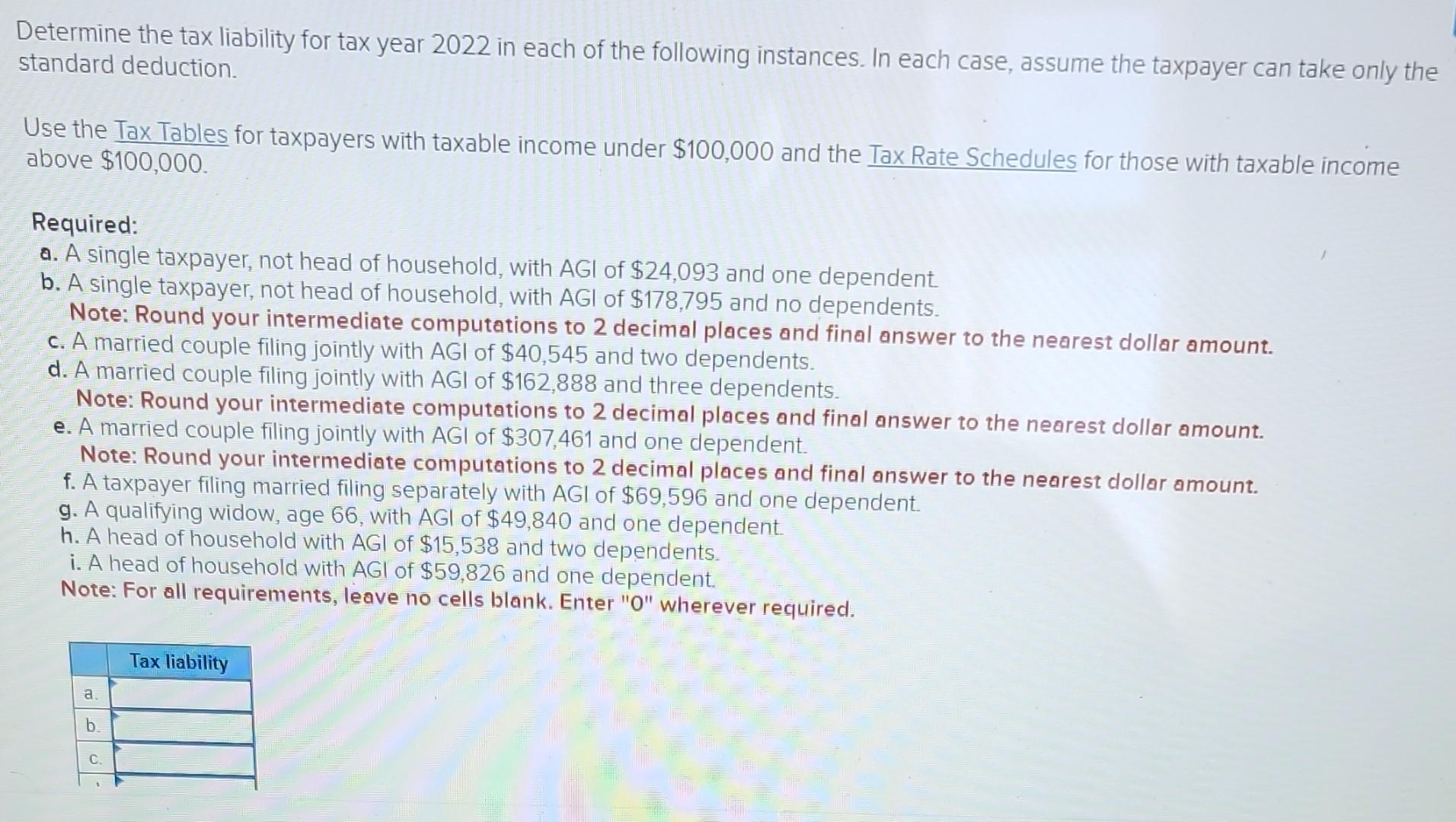 Solved Determine the tax liability for tax year 2022 in each | Chegg.com
