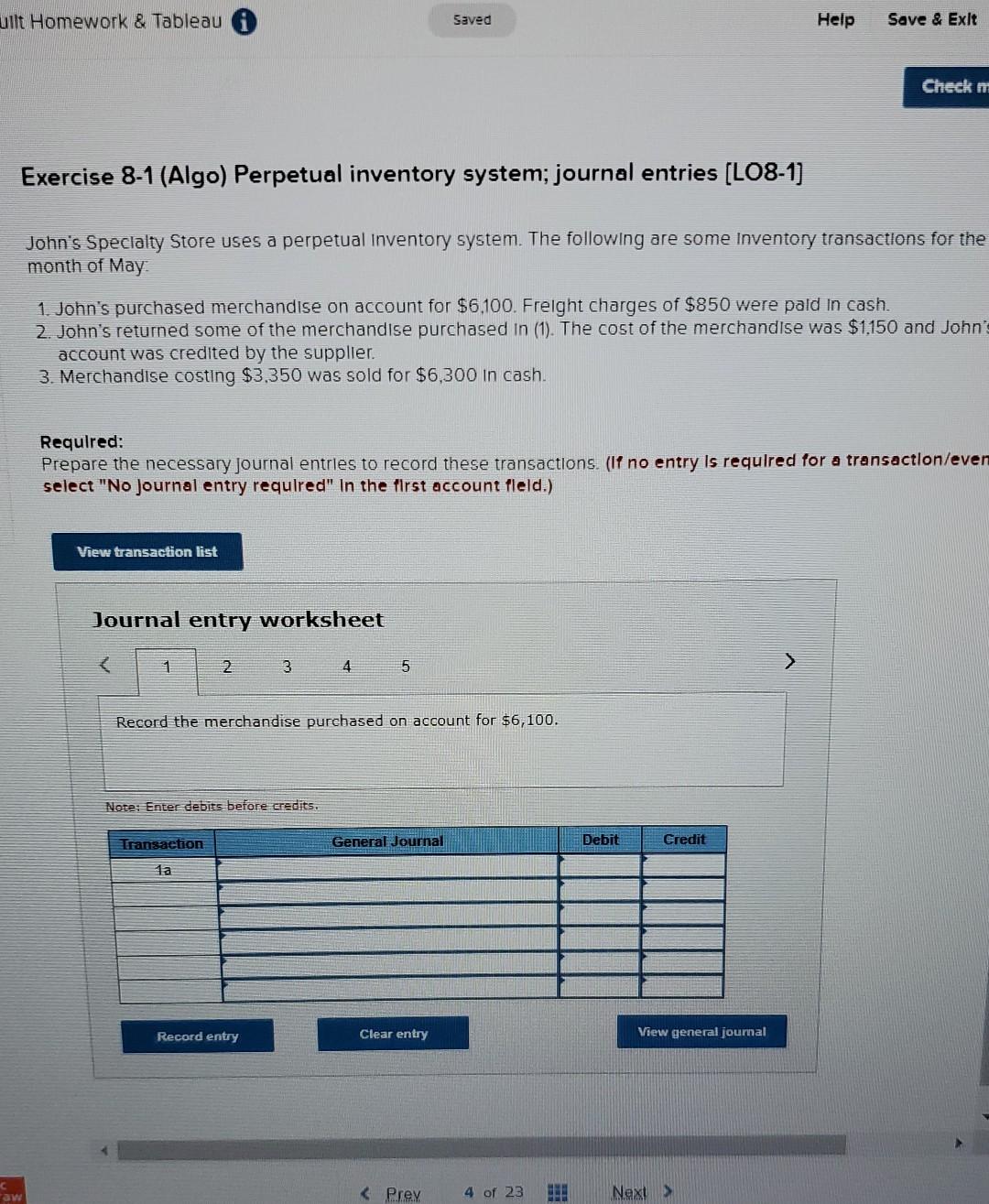 Solved ullt Homework & Tableau Saved Help Save & Exit Check | Chegg.com