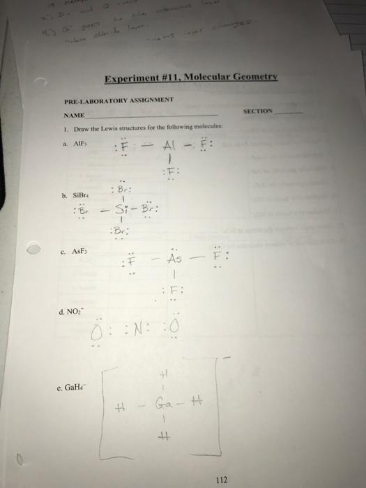 Solved Experiment #11 Molecular Geometry PreLab. 1. Draw the | Chegg.com