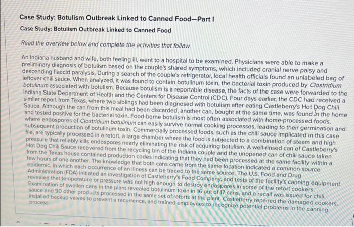 Solved Case Study: Botulism Outbreak Linked to Canned | Chegg.com
