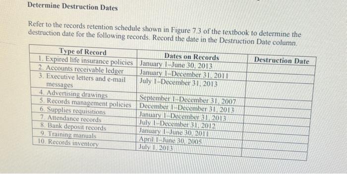 Solved Determine Destruction Dates Refer to the records | Chegg.com