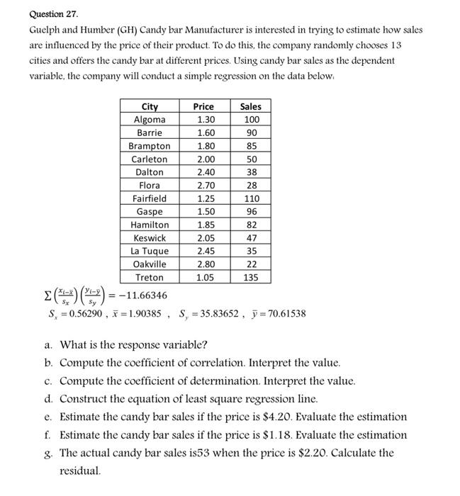 Solved Question 27. Guelph and Humber (GH) Candy bar | Chegg.com