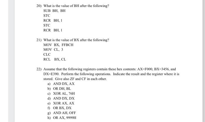 Solved 20) What is the value of BH after the following? SUB | Chegg.com