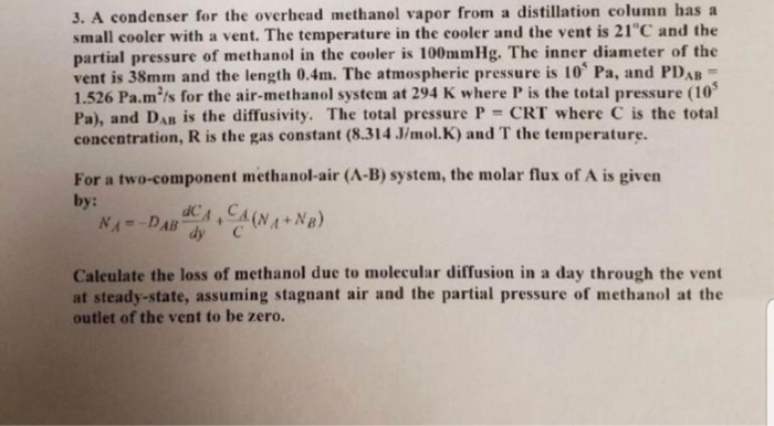 Solved 3. A condenser for the overhead methanol vapor from a | Chegg.com
