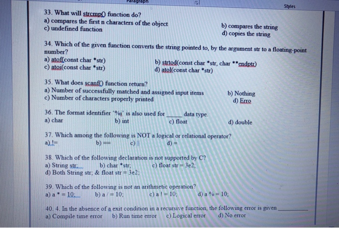 Solved graph Styles 33. What will strcmp function do? a) | Chegg.com