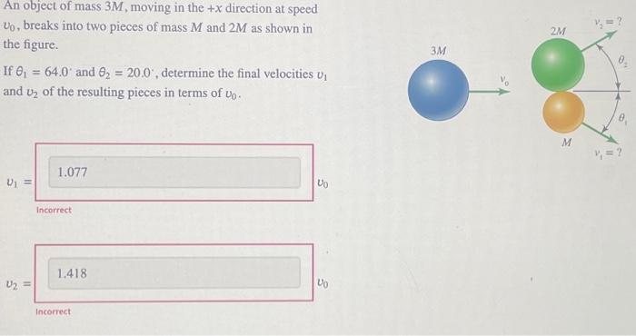 Solved An object of mass 3M, moving in the +x direction at | Chegg.com