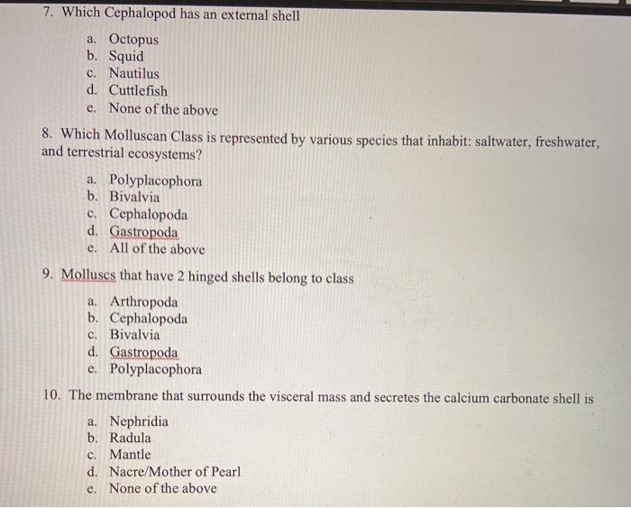 Solved 7. Which Cephalopod has an external shell a. Octopus | Chegg.com