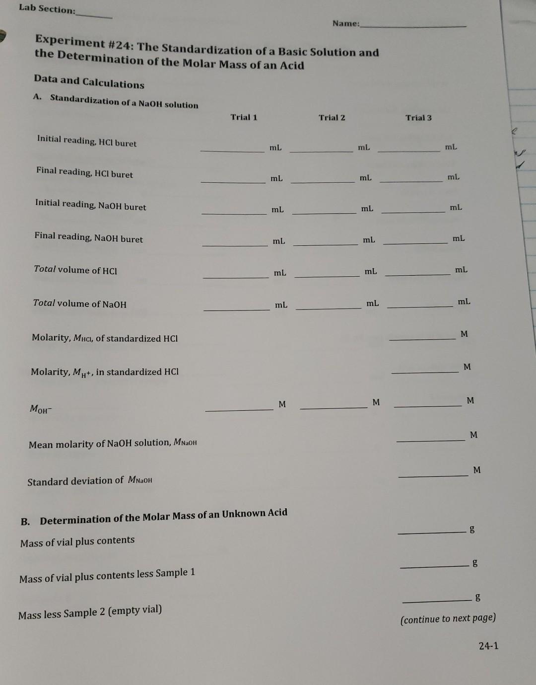 Solved Experiment #24: The Standardization of a Basic | Chegg.com