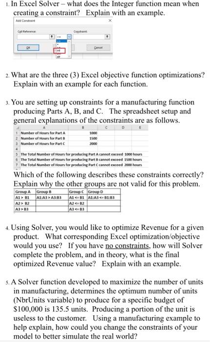 Solved 1. In Excel Solver - what does the Integer function | Chegg.com