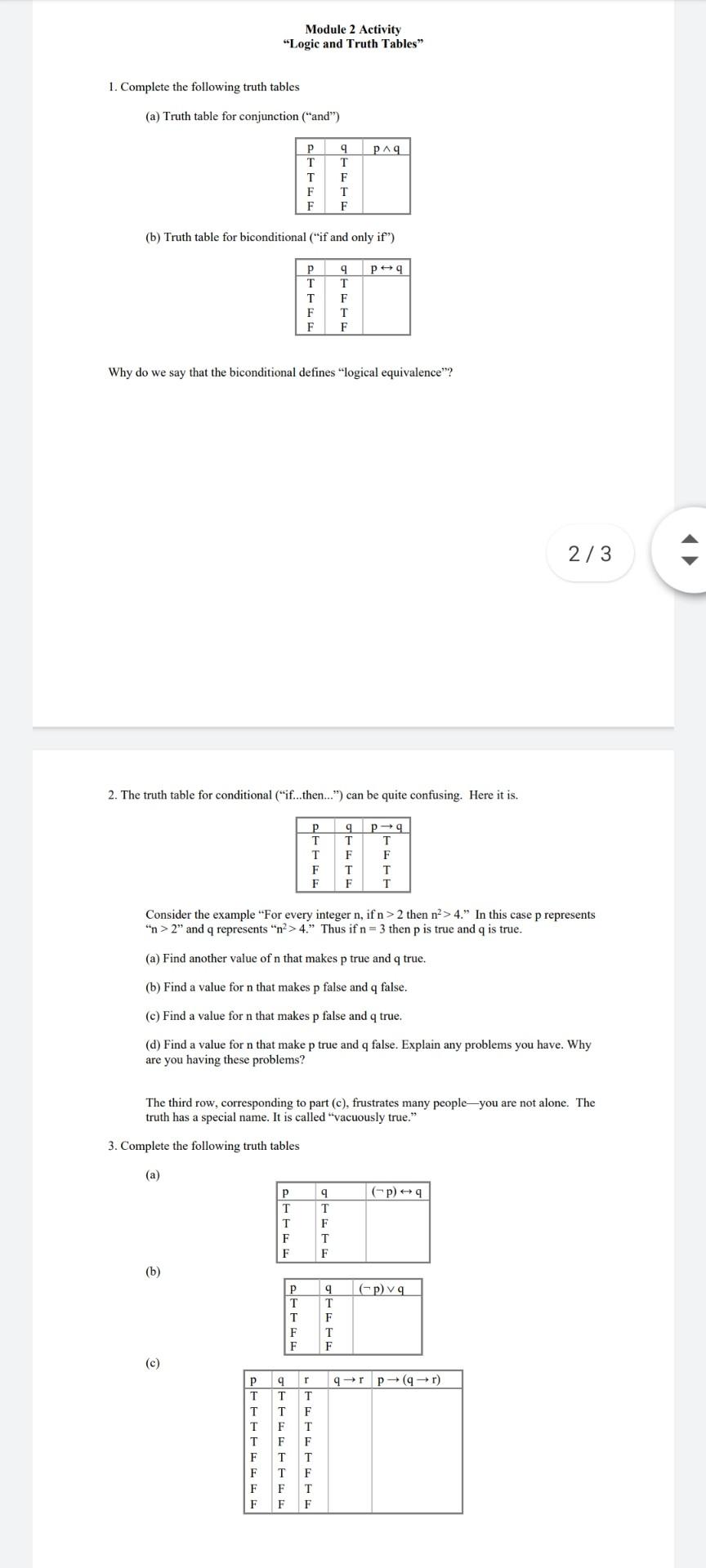 Solved Module 2 Activity "Logic and Truth Tables" 1. | Chegg.com
