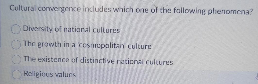 Solved Cultural convergence includes which one of the | Chegg.com
