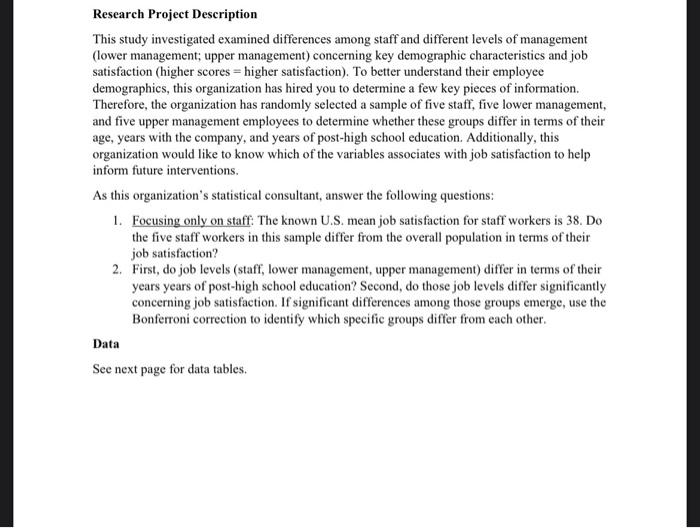 Solved Research Project Description This study investigated | Chegg.com