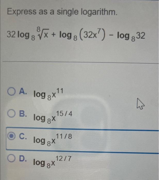 Solved Express as a single logarithm. 8 32 log: Vx + log | Chegg.com