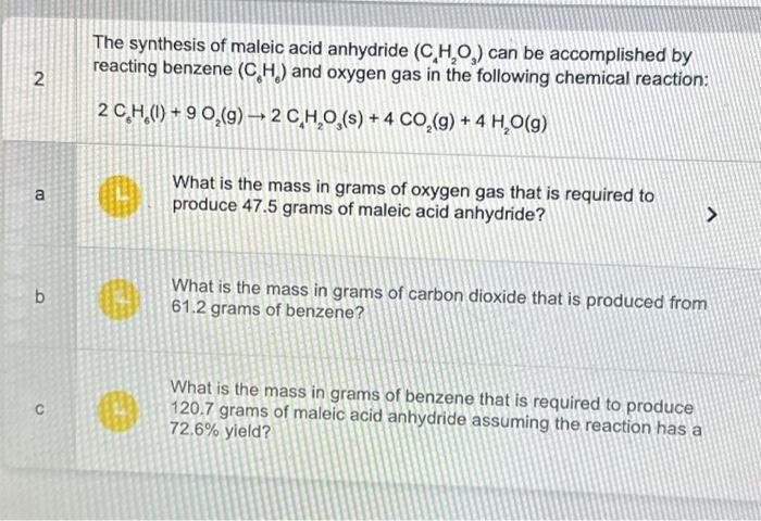 Solved The synthesis of maleic acid anhydride (C4H2O3) can | Chegg.com