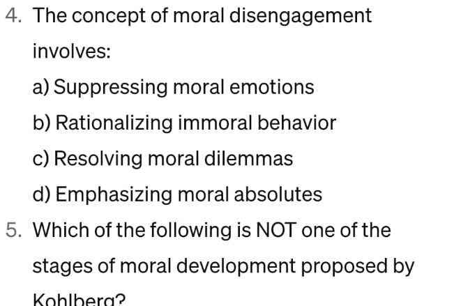 Solved The concept of moral disengagement involves:a) | Chegg.com