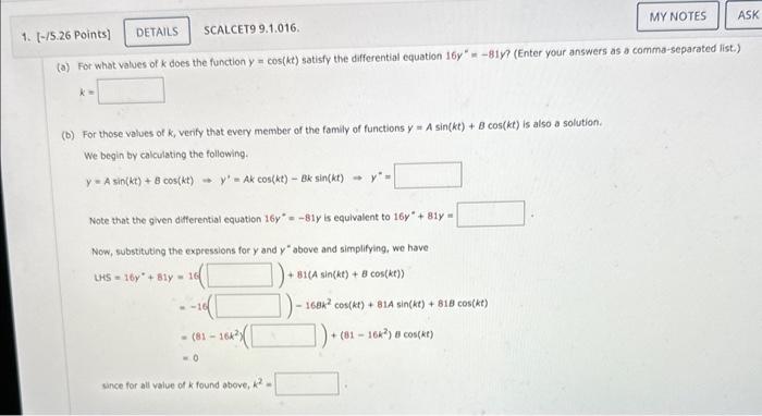 Solved a) For what values of k does the function y=cos(kt) | Chegg.com