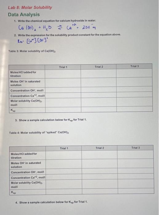 Solved Lab 8: Molar Solubility Data Table 1: Titration of | Chegg.com