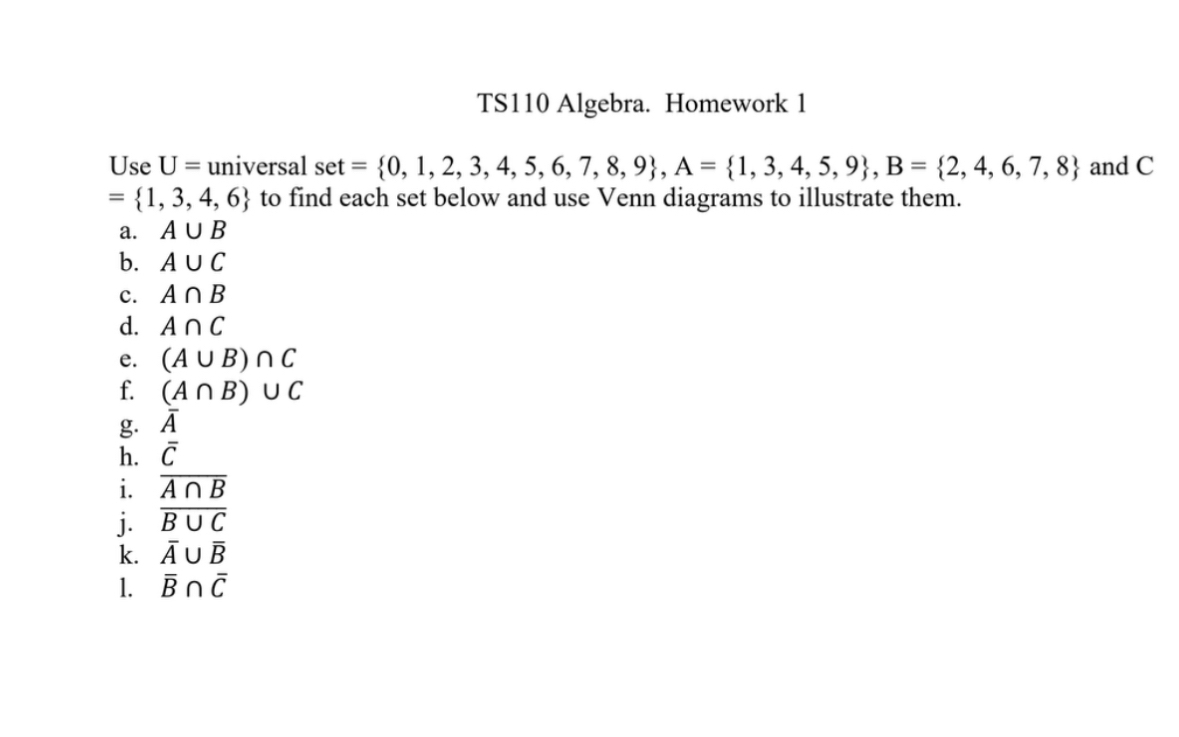 Solved TS110 ﻿Algebra. Homework 1Use U= ﻿universal set | Chegg.com