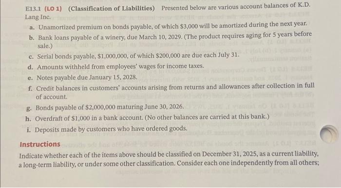 Solved E13.1 (LO 1) (Classification of Liabilities) | Chegg.com