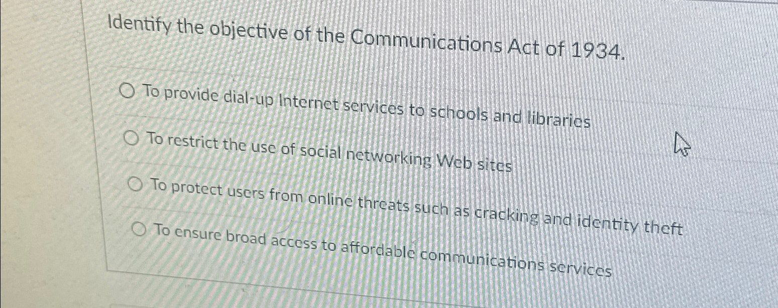 Solved Identify the objective of the Communications Act of | Chegg.com
