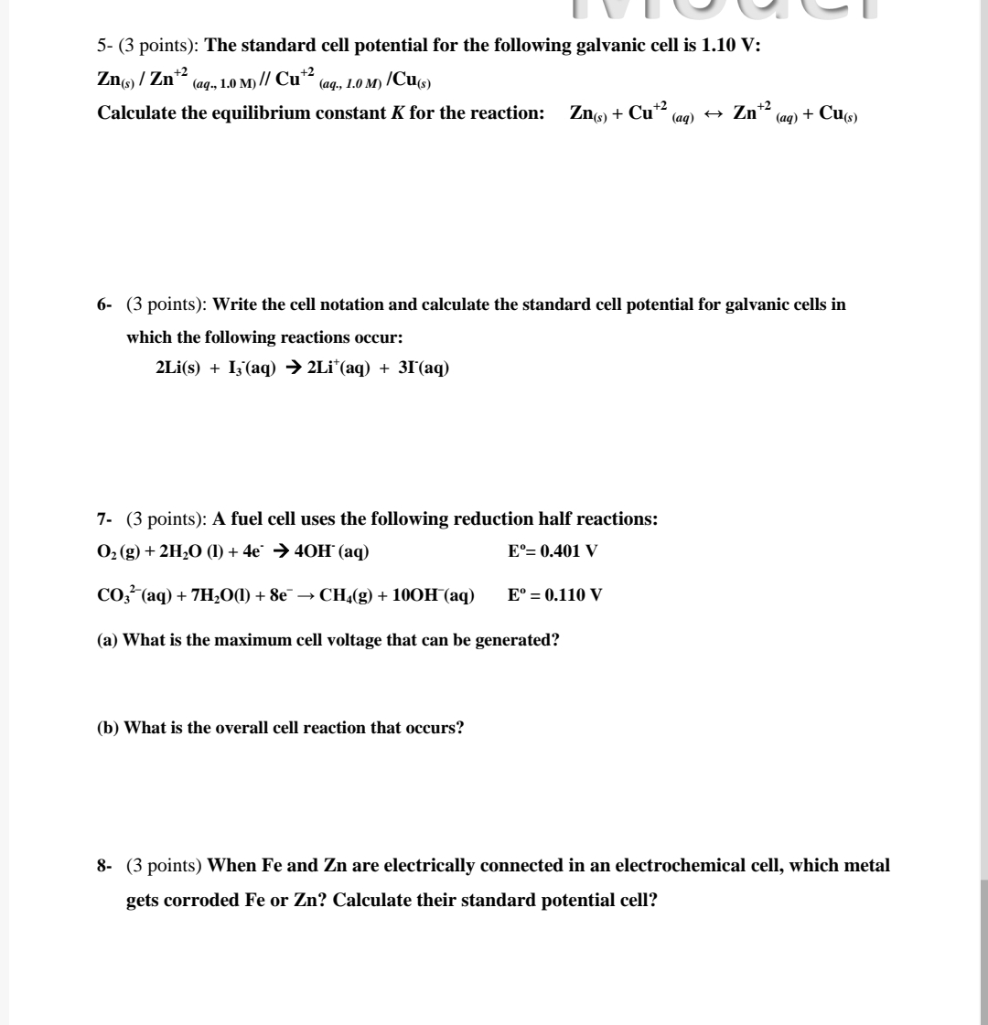Solved 5- (3 ﻿points): The standard cell potential for the | Chegg.com