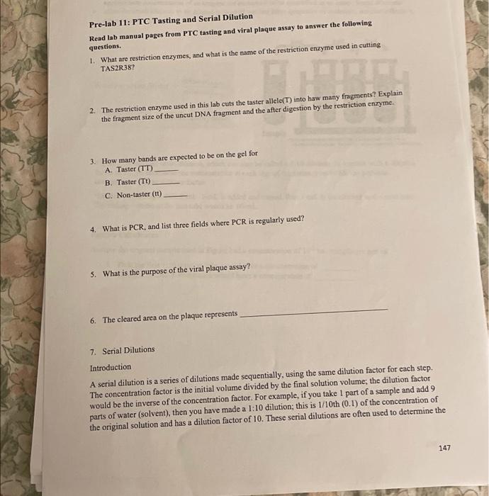 Pre-lab 11: PTC Tasting and Serial Dilution Read lab | Chegg.com