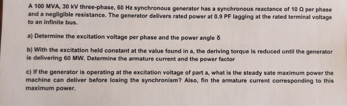 Solved A 100 MVA, 30 kV three-phase, 60 Hz synchronous | Chegg.com