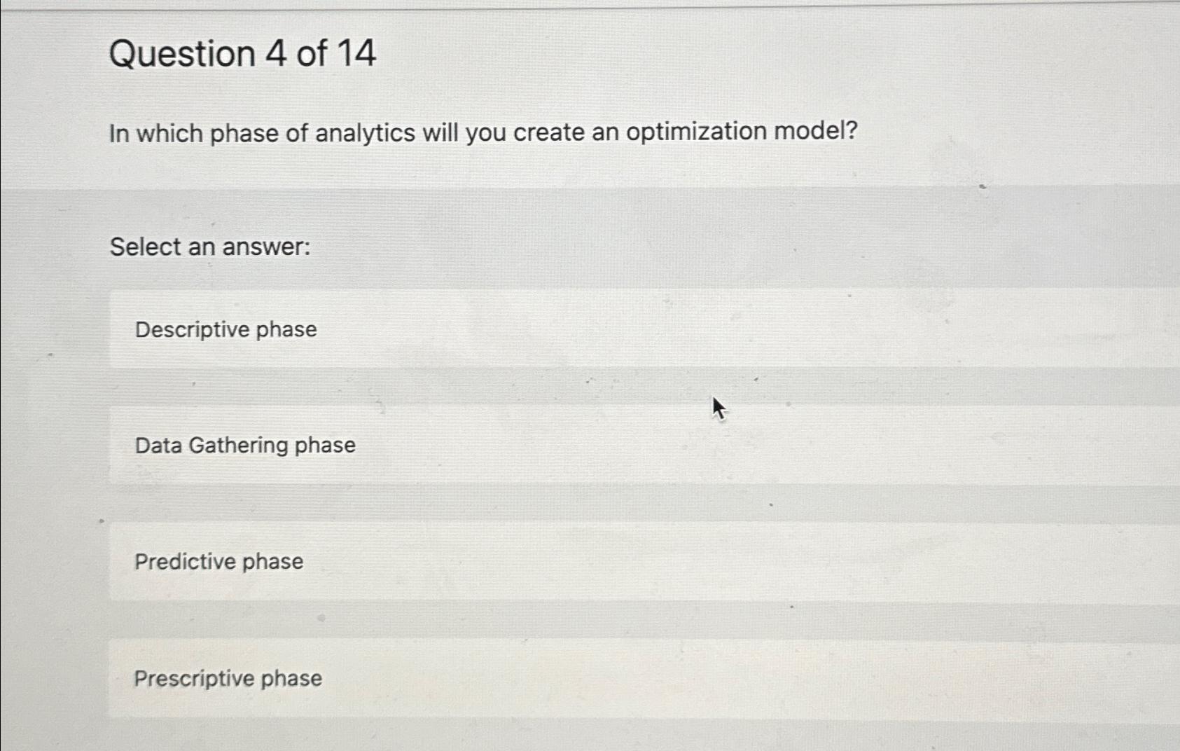 Solved Question 4 ﻿of 14In which phase of analytics will you | Chegg.com