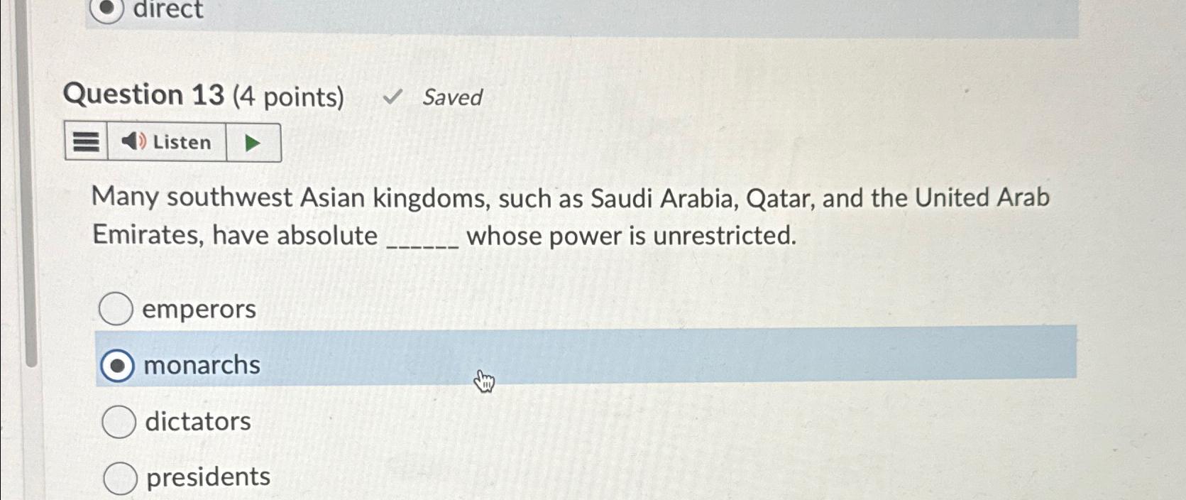 Solved Question 13 (4 ﻿points) ﻿SavedMany southwest Asian | Chegg.com