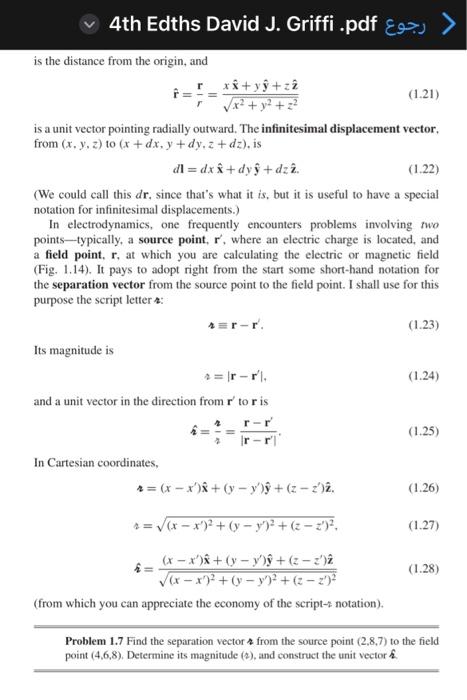 Solved Problem 1.7 Find the separation vector r from the | Chegg.com