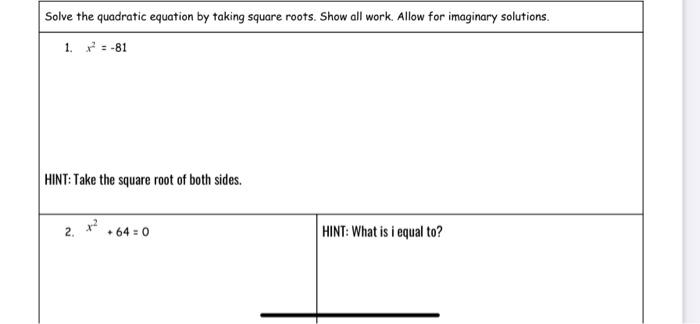 Solved Solve the quadratic equation by taking square roots. | Chegg.com