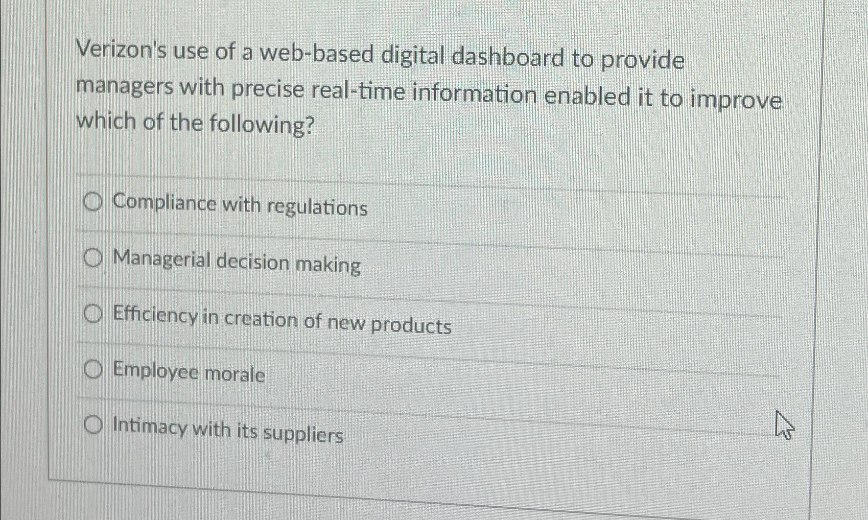 Solved Verizon's use of a web-based digital dashboard to | Chegg.com