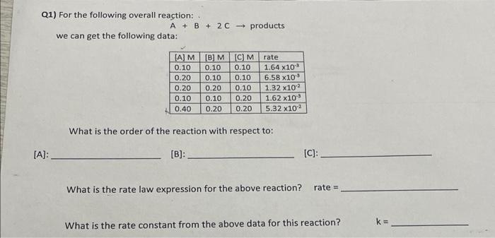 Solved Q1) For the following overall reaction: A+B+2C→ | Chegg.com
