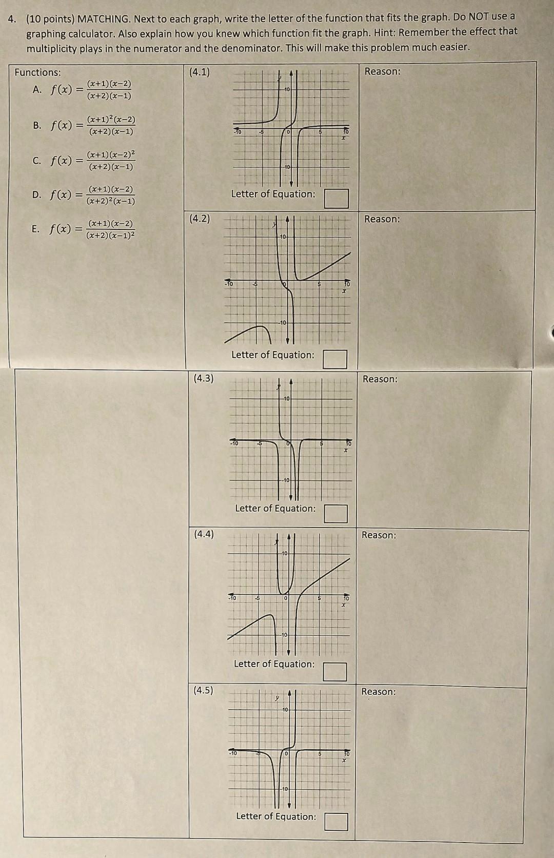 Solved (10 points) MATCHING. Next to each graph, write the | Chegg.com