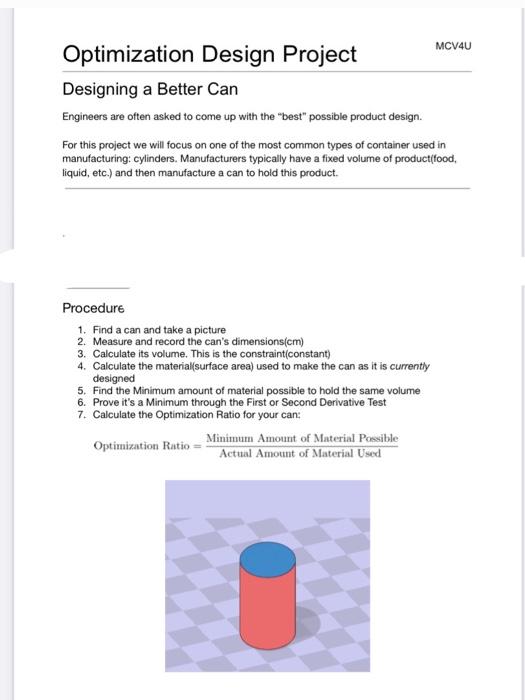 Solved MCV4U Optimization Design Project Designing a Better | Chegg.com