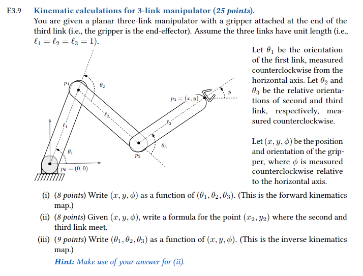 Solved E3.9 ﻿Kinematic calculations for 3-link manipulator | Chegg.com