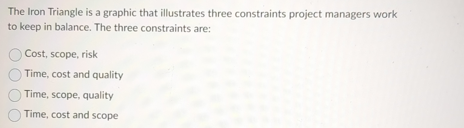 Solved The Iron Triangle is a graphic that illustrates three | Chegg.com