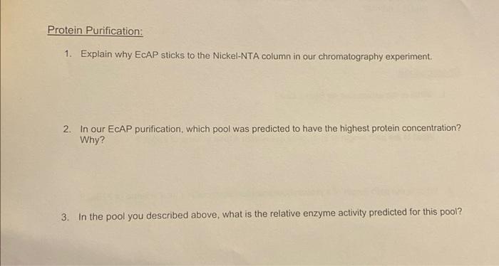 Solved Protein Purification: 1. Explain why EcAP sticks to | Chegg.com