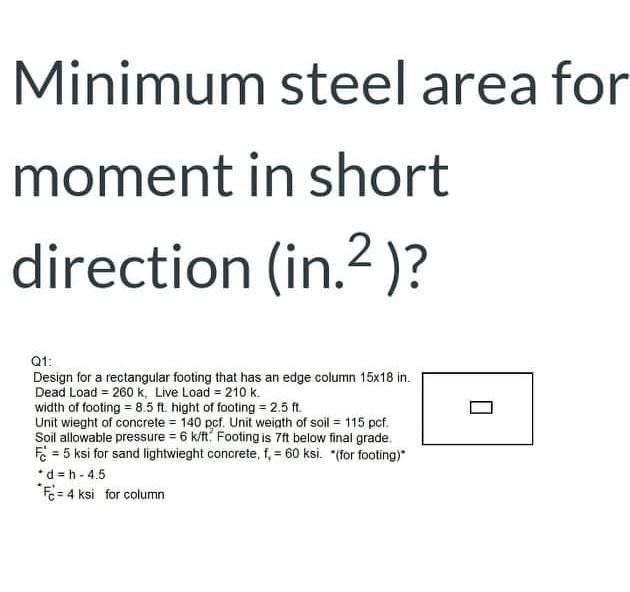 Solved Minimum steel area for moment in short direction | Chegg.com