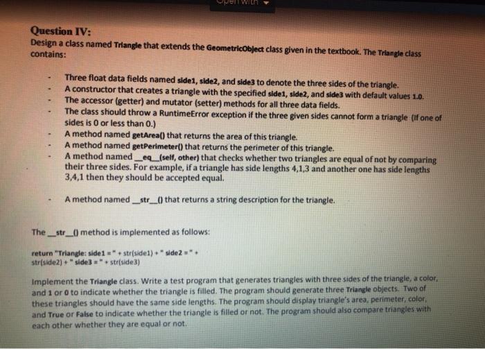 Solved Design a class named Triangle that extends the | Chegg.com