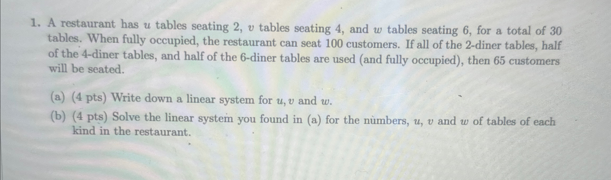 Solved A restaurant has u ﻿tables seating 2,v ﻿tables | Chegg.com