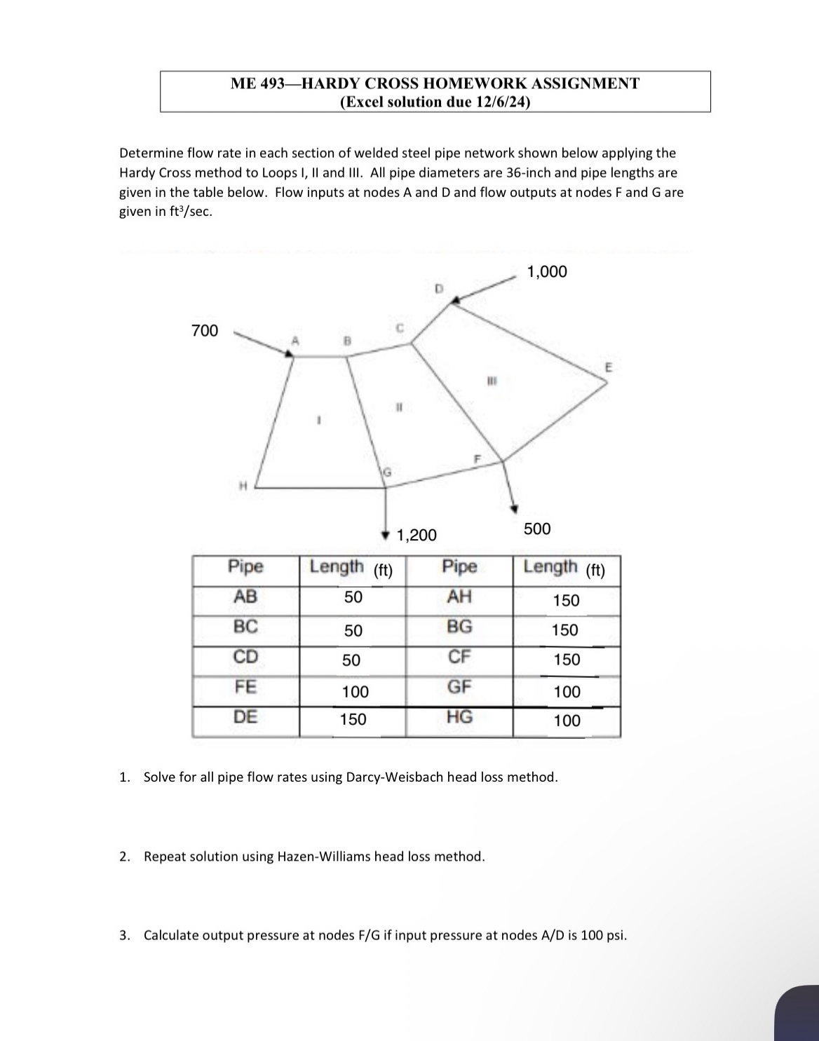 Solved ME 493-HARDY CROSS HOMEWORK ASSIGNMENT (Excel | Chegg.com