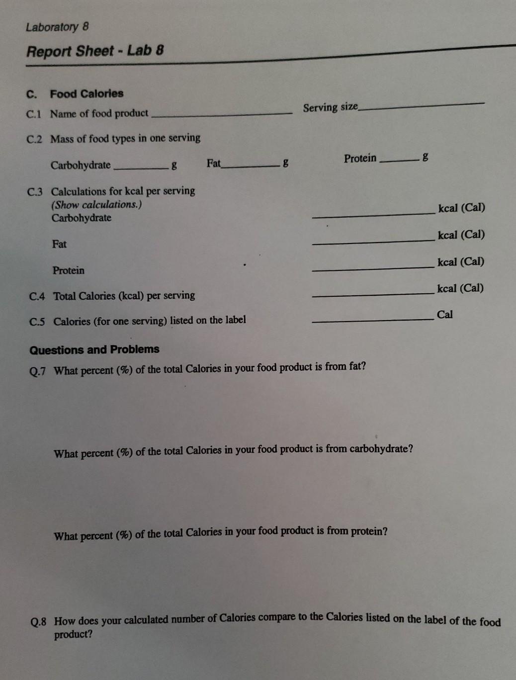 Solved Laboratory 8 Report Sheet - Lab 8 C. Food Calories | Chegg.com